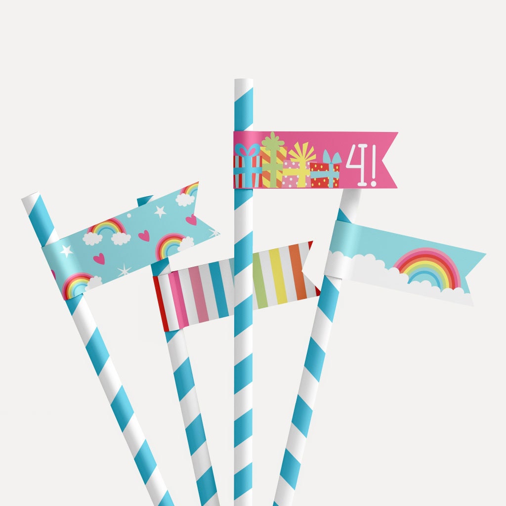 Rainbow Kids Party Straw Flags Template - Printable Straw Flag ...