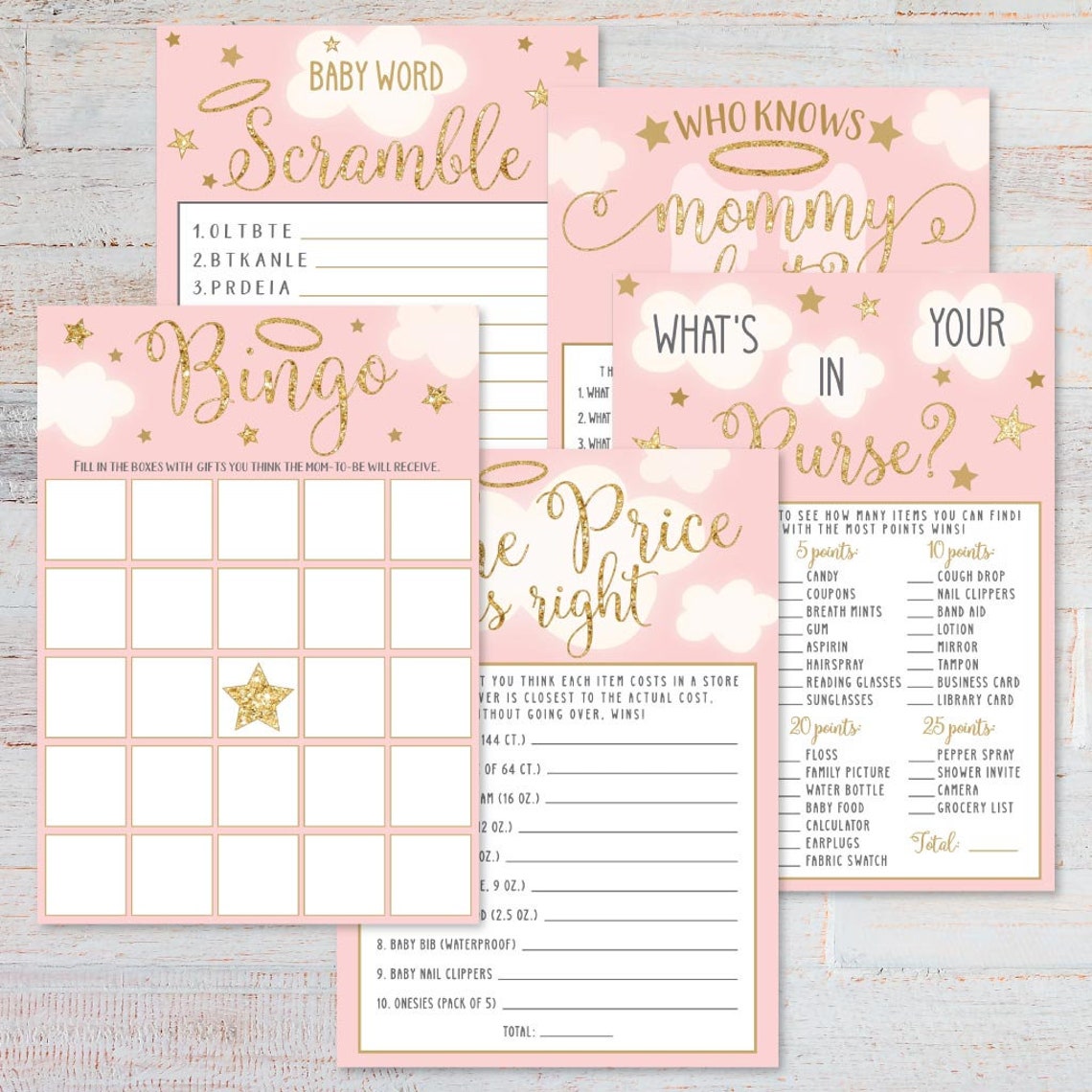 Angel Girl Baby Shower Game Set Templates - Bingo, Word Scramble, the ...