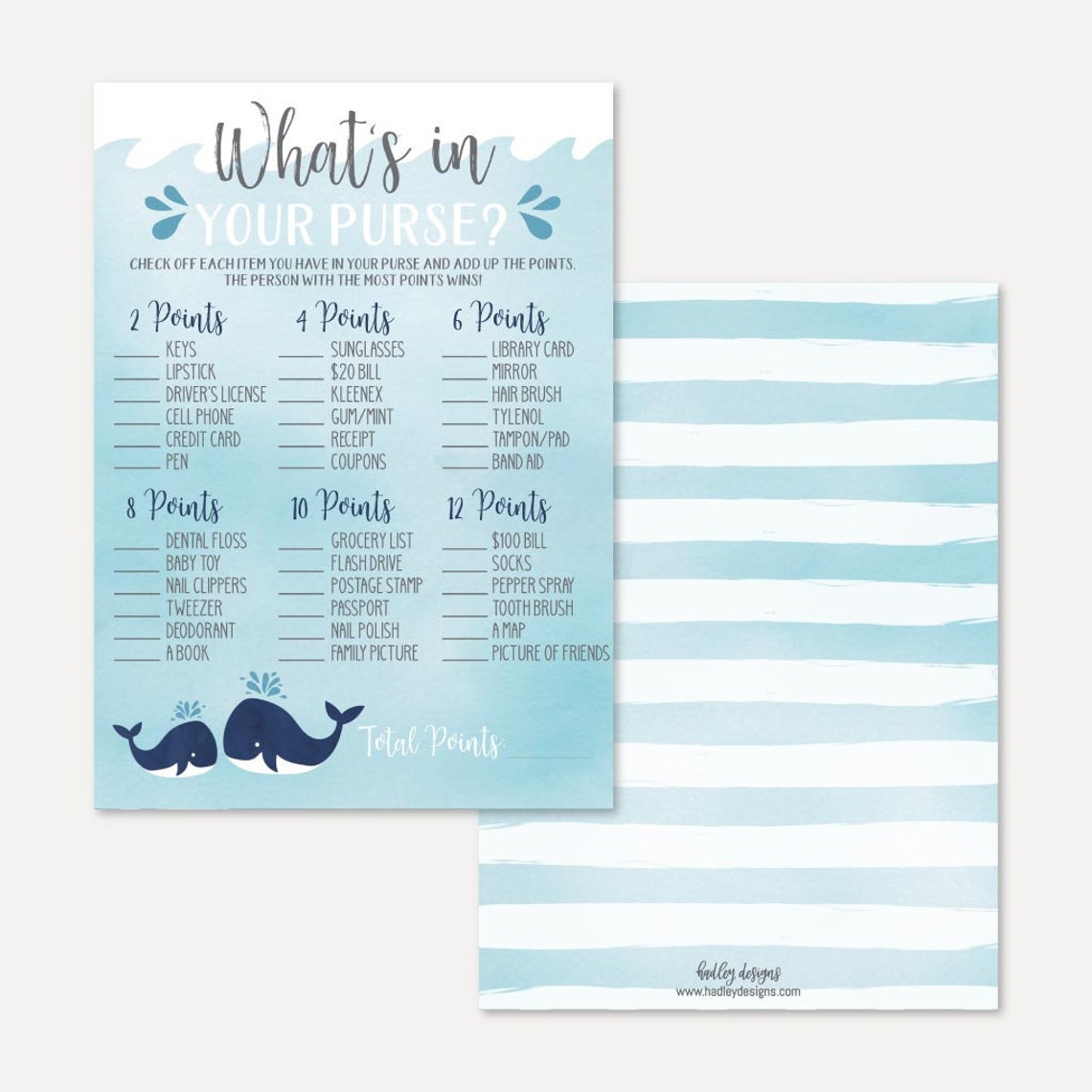 Whale Baby Shower What's in Your Purse Game Template | Etsy