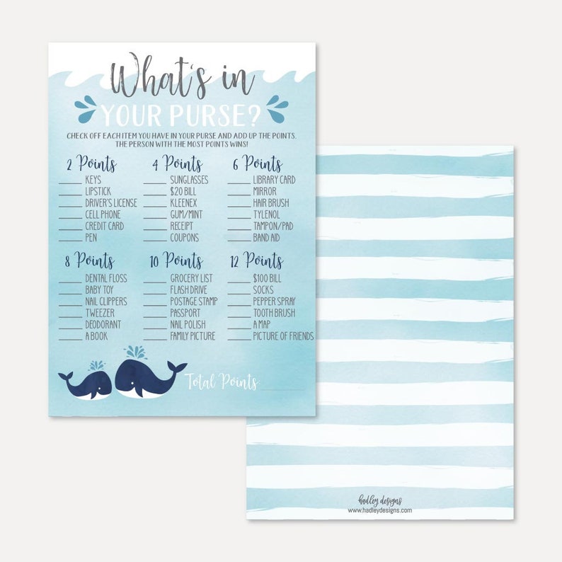 Whale Baby Shower What's in Your Purse? Game Template - Whats in Your ...