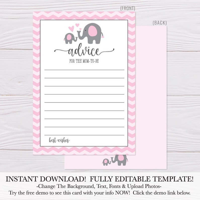 Pink Chevron and Chalk Elephant Baby Shower Advice Cards, Words of ...