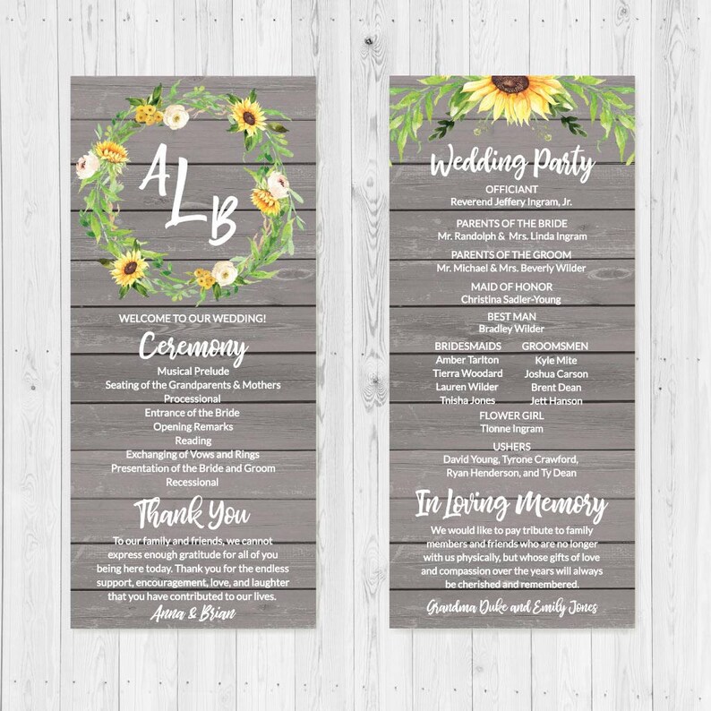 Gray Wood Sunflower Rustic Wedding Program Wedding Programs | Etsy