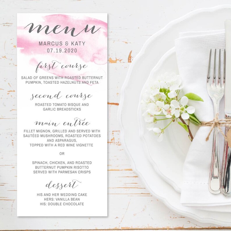 Pink Watercolor Splash Wedding Menu Template Party Menu | Etsy