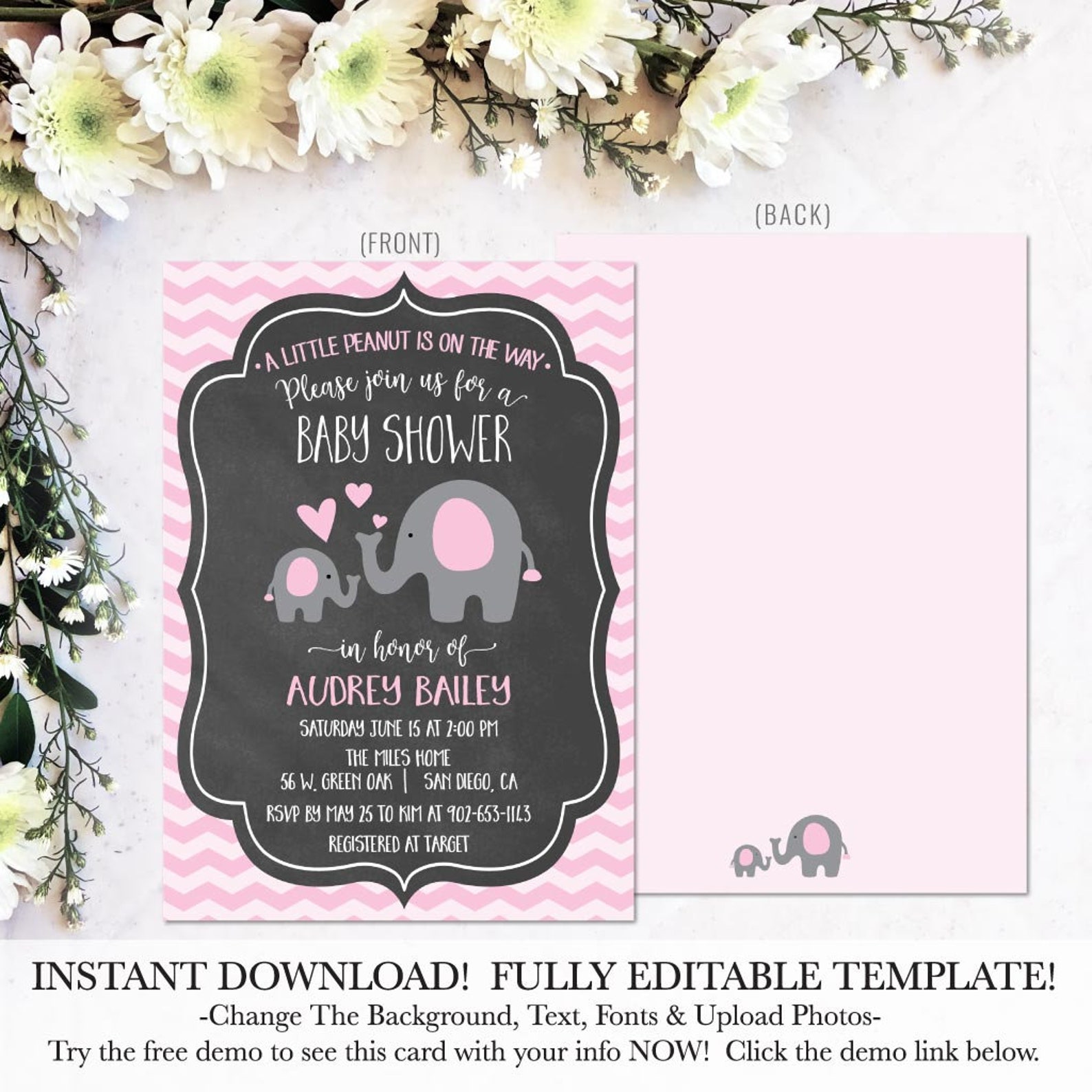 Pink Chevron and Chalk Elephant Shower Invite Printable | Etsy