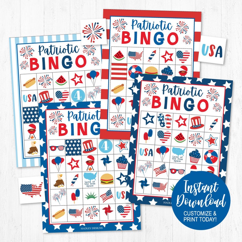 Printable Patriotic Bingo Cards, 4th of July Party Games, BBQ Group ...