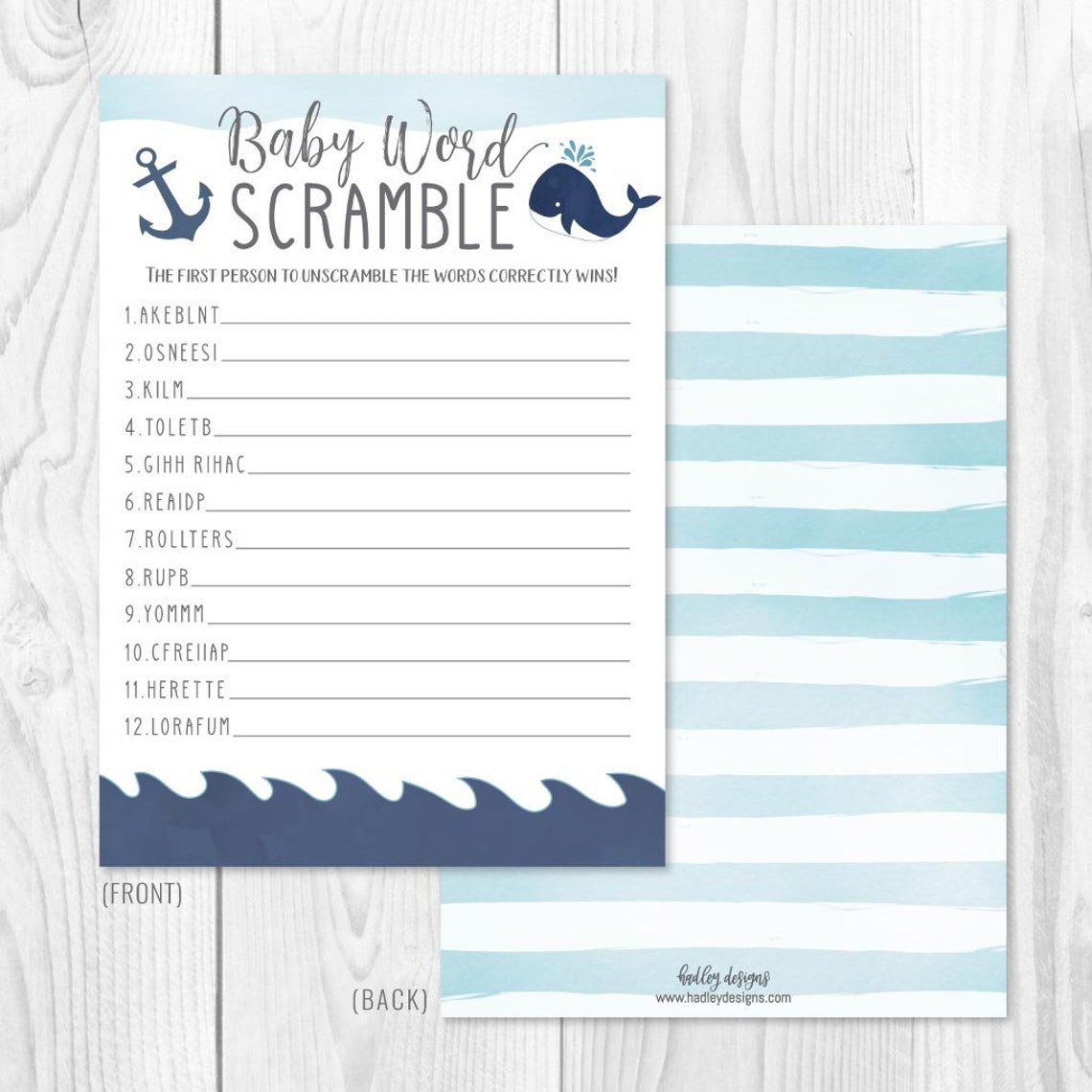 Whale Nautical Baby Shower Word Scramble Game Template Word | Etsy
