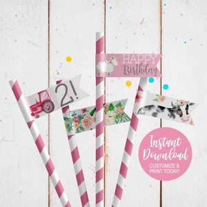 Baby Watercolor Girl Farm Straw Flag Printable,party Decorations,baby ...