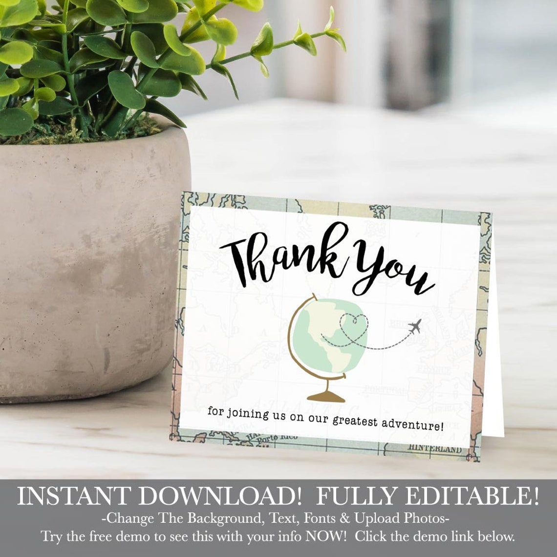 Map Globe Travel Thank You Card Printable, Thank You Cards Baby Shower ...