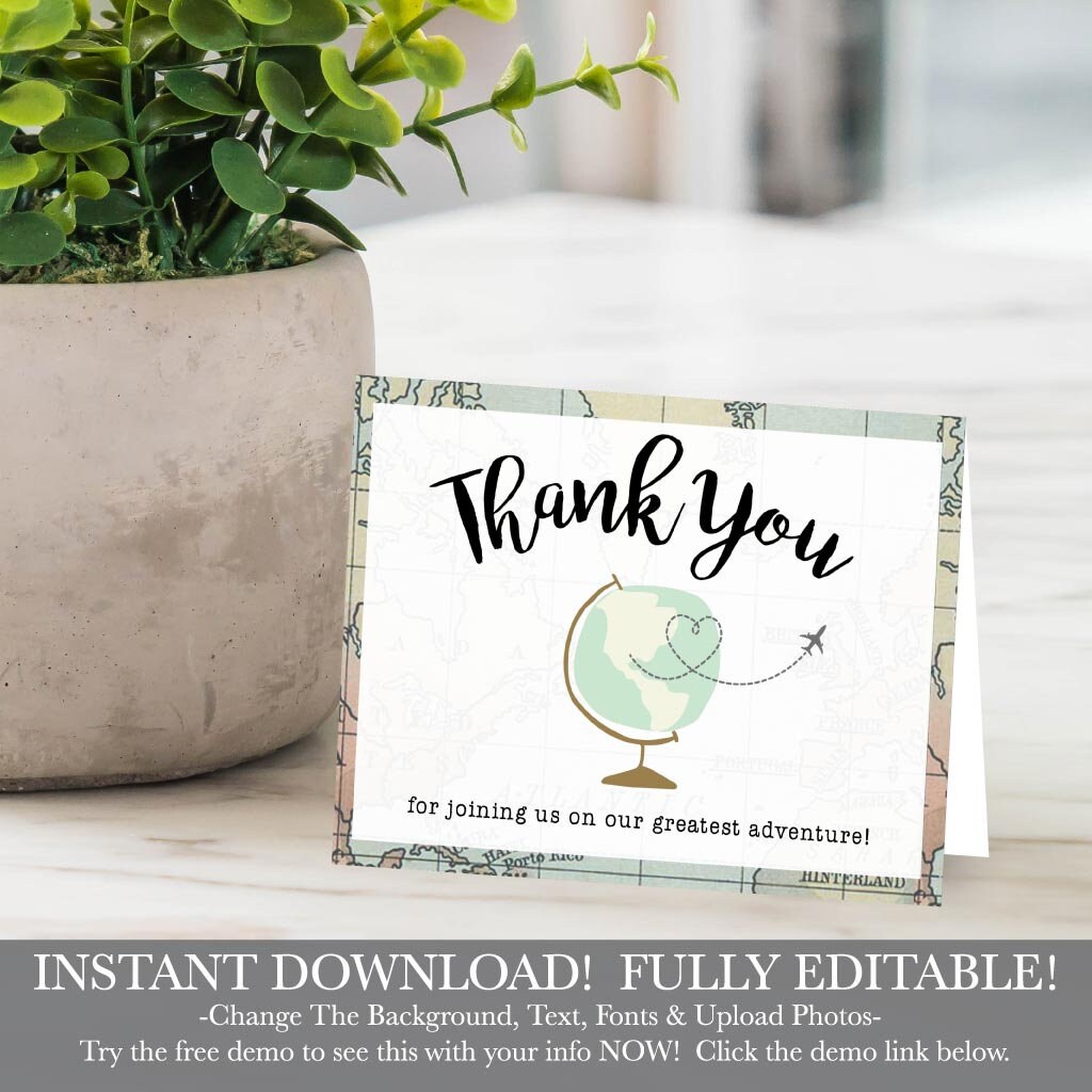 Map Globe Travel Thank You Card Printable Thank You Cards - Etsy