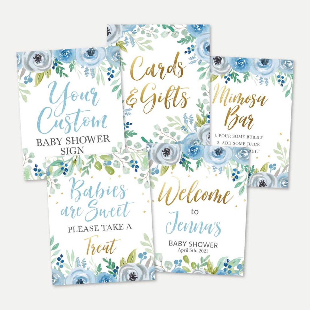 Blue Teal Floral Baby Shower Signs Set Templates - Baby Shower Sign ...