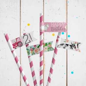 Watercolor Girl Farm Kids Party Straw Flags Template - Printable Straw ...