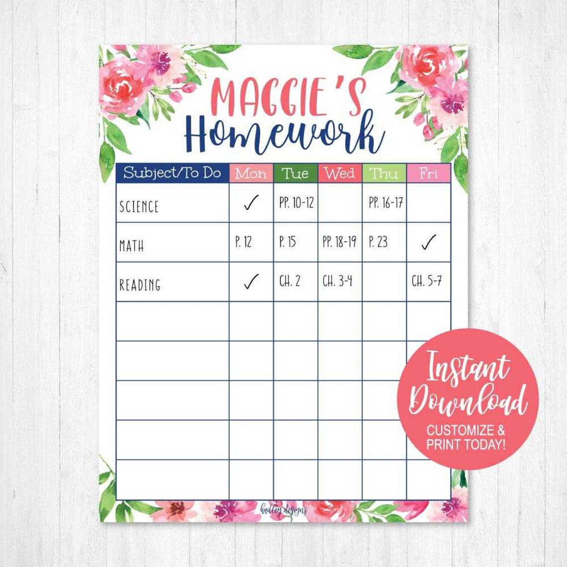 Homework Poster Homeschool Weekly Planner Assignment - Etsy