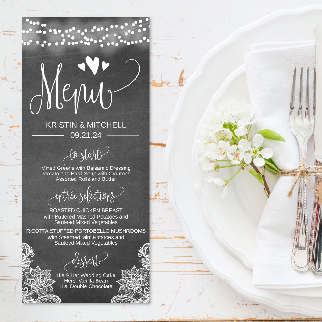 Chalk Lace Lights Wedding Menu Template Party Menu Template | Etsy