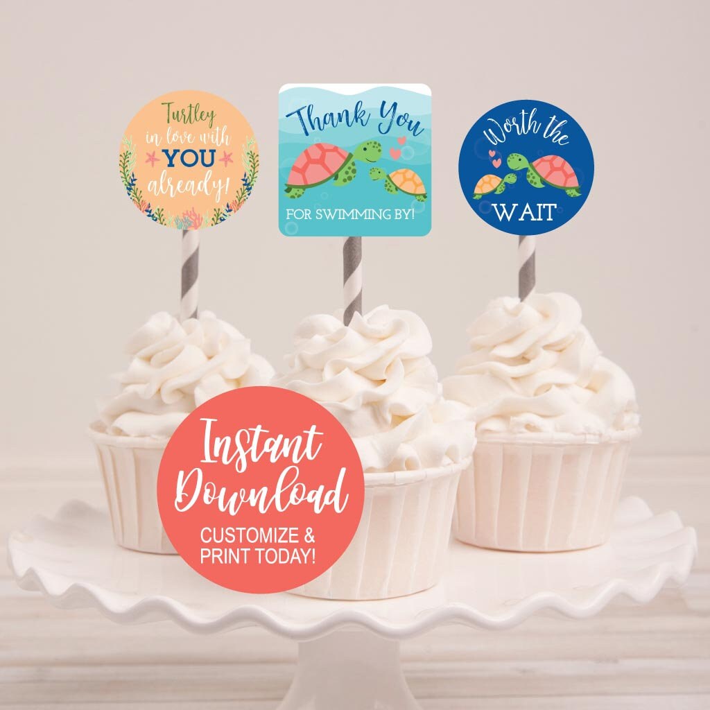 Sea Turtle Orange Teal Cupcake Toppers Baby Shower Cupcake | Etsy