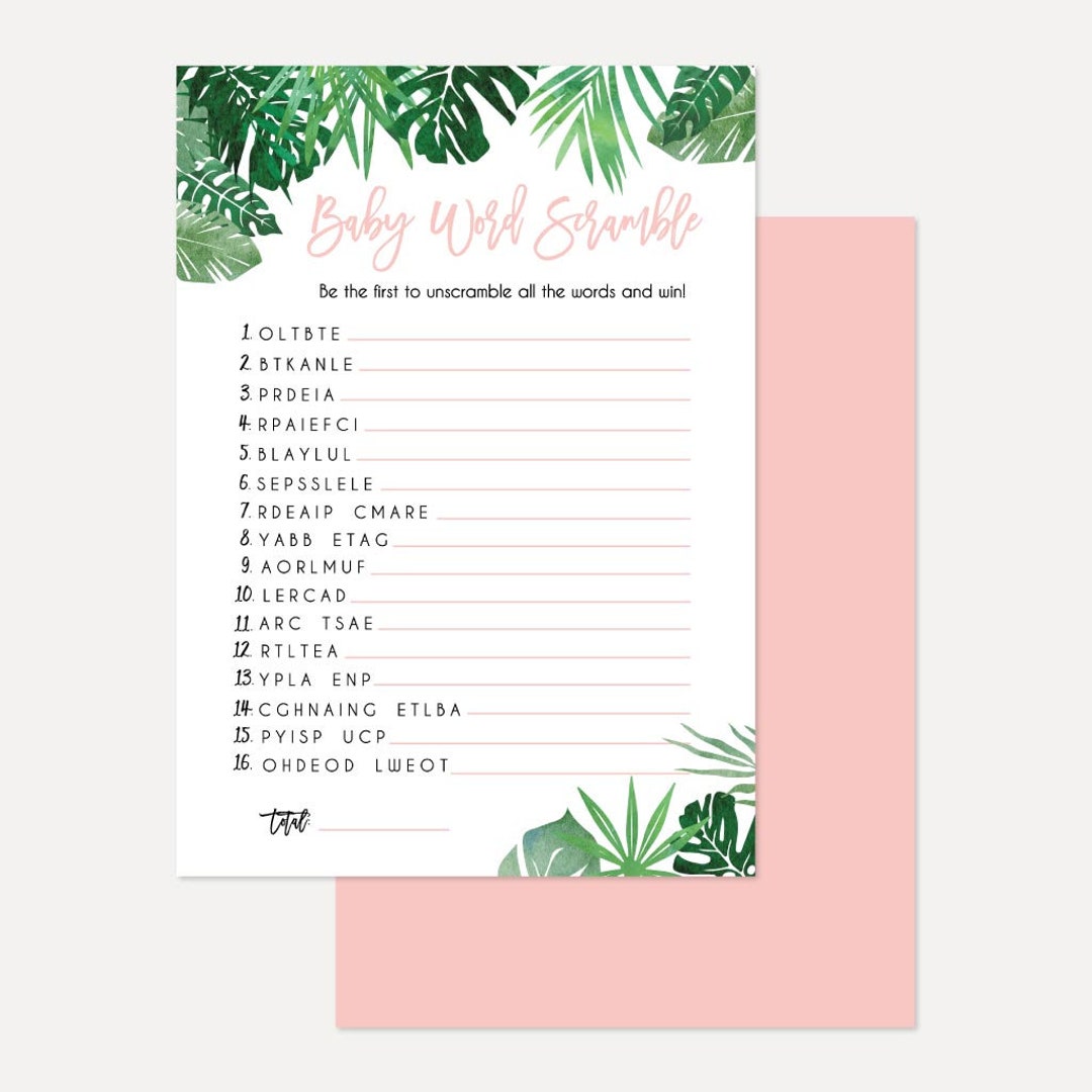 Tropical Baby Shower Pink Baby Word Scramble Games, Word Scramble Baby ...
