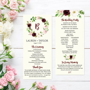 Marsala Watercolor Floral Wedding Program, Wedding Programs Designs, Wedding Programs Instant ...