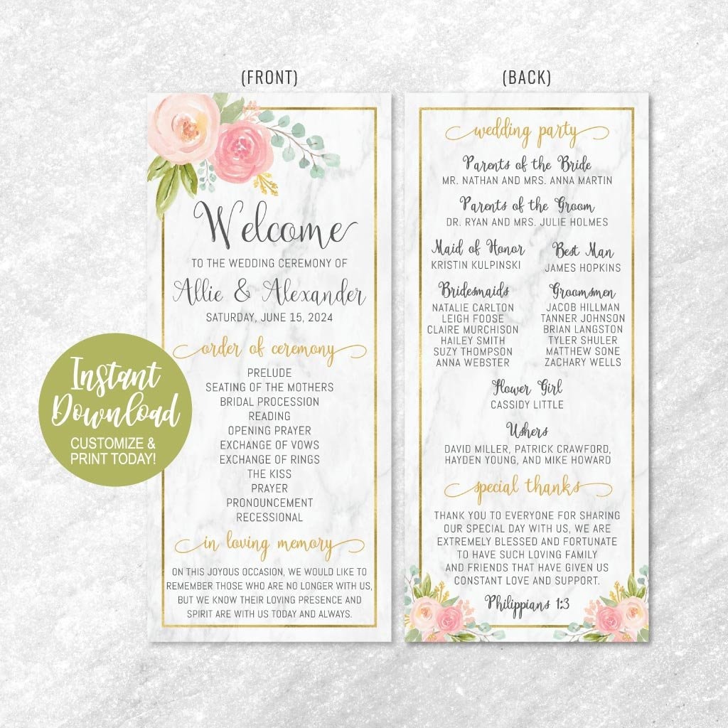 Printable Wedding Programs Download Wedding Program Layout | Etsy