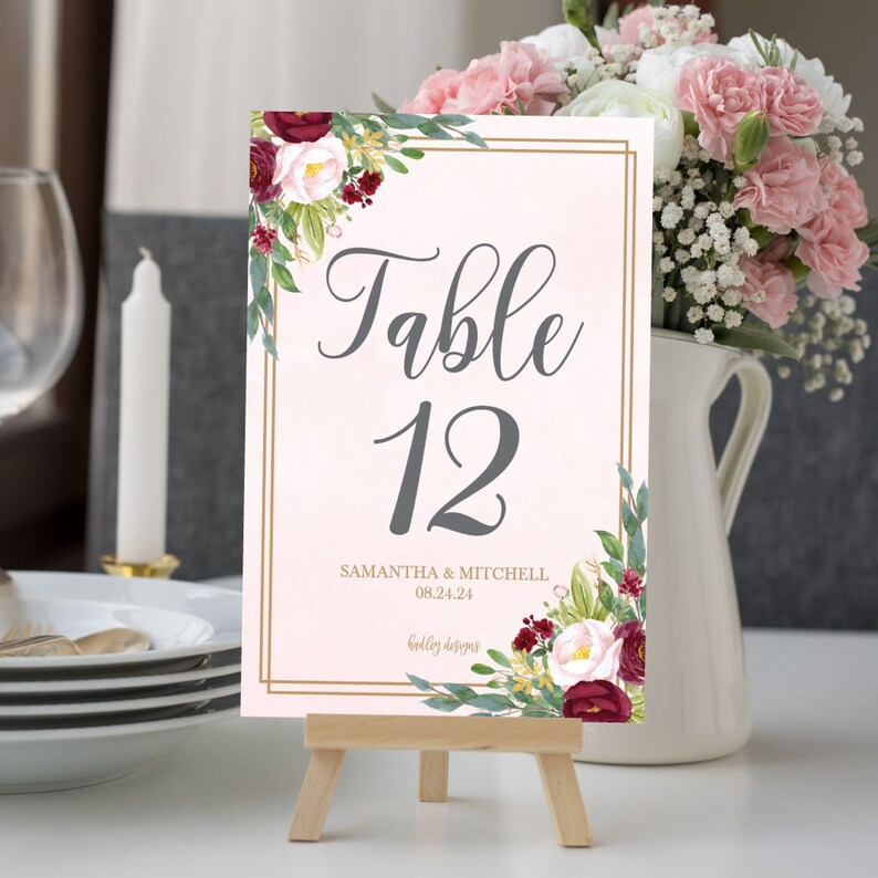 Blush Watercolor Burgundy Floral Wedding Table Numbers Template - DIY ...