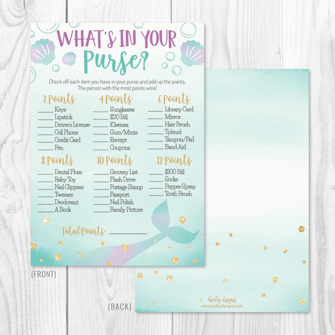 Mermaid Baby Shower What's in Your Purse Game Template | Etsy