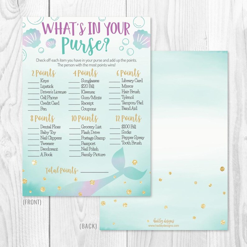 Mermaid Baby Shower What's in Your Purse? Game Template - Whats in Your ...