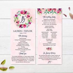 Pink Watercolor Floral Printable Wedding Ceremony Program Template ...
