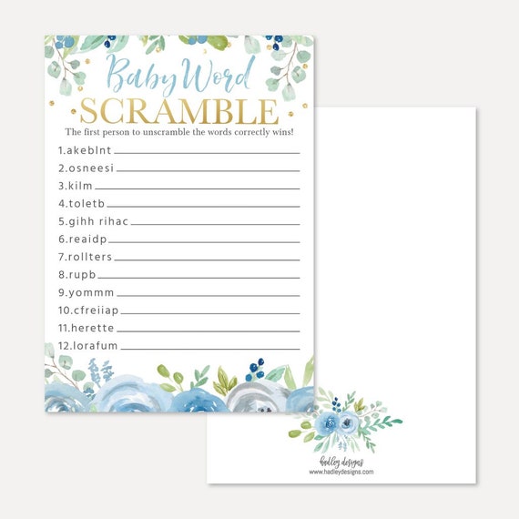 Blue Teal Floral Baby Shower Word Scramble Game Template | Etsy