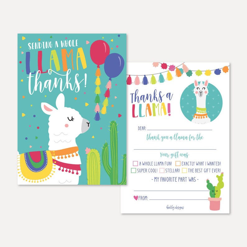 Llama Kids Party Fill in the Blank Thank You Card Template - Fill in ...