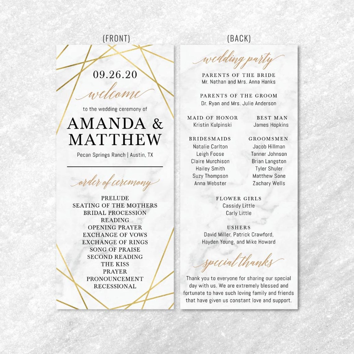 Marble and Gold Geometric Wedding Program Template Programs | Etsy