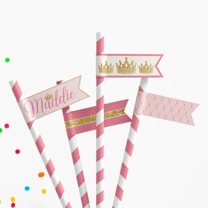 Princess Kids Party Straw Flags Template - Printable Straw Flag, Paper ...