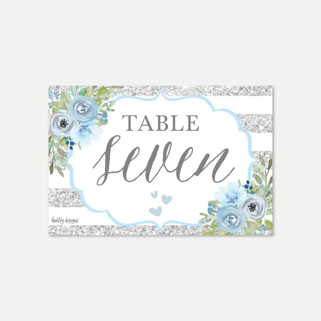 Silver Glitter Striped Blue Floral Wedding Table Numbers - DIY Table ...
