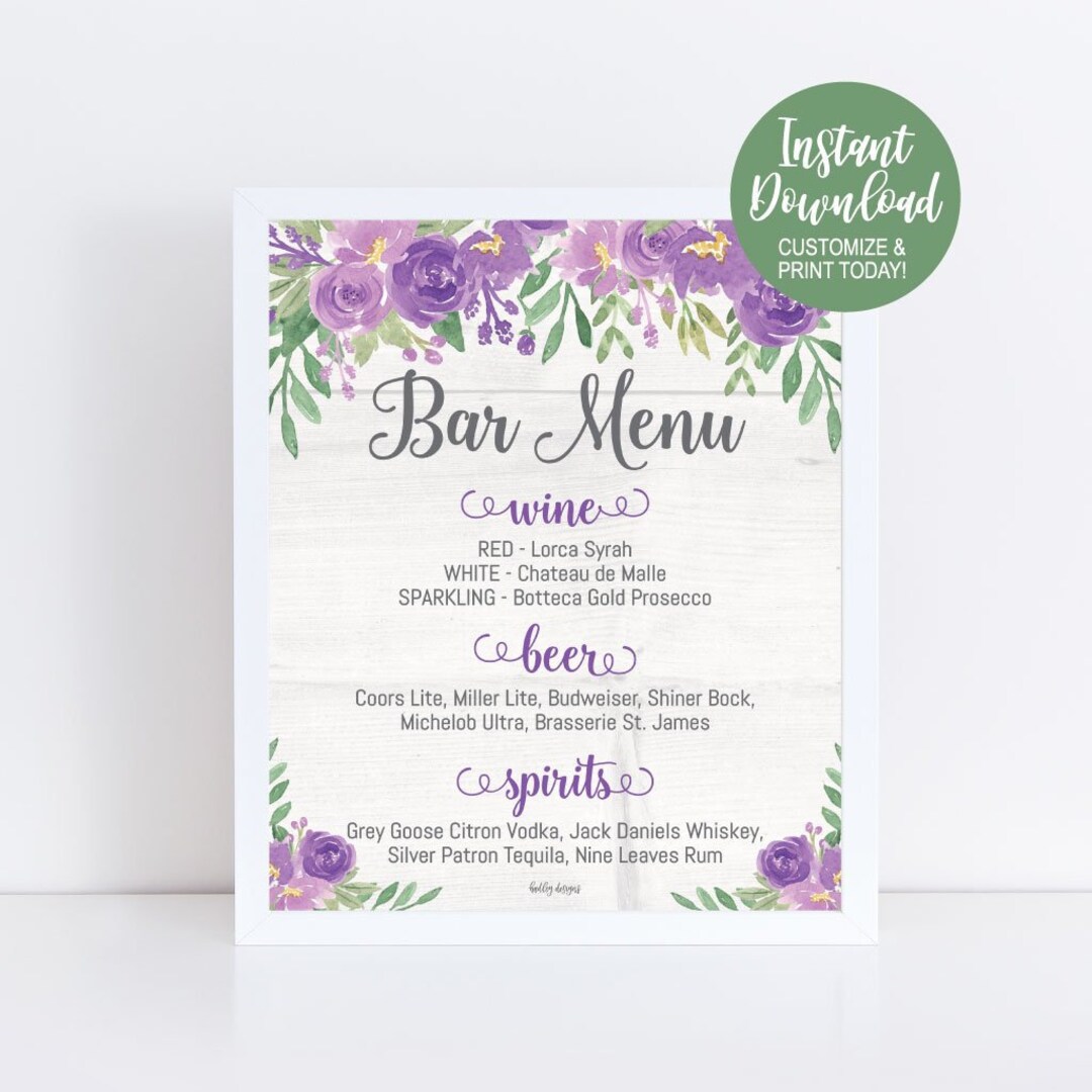 Bar Menu Sign Printable, Bar Menu Template Wedding, Bar Menu Printable ...