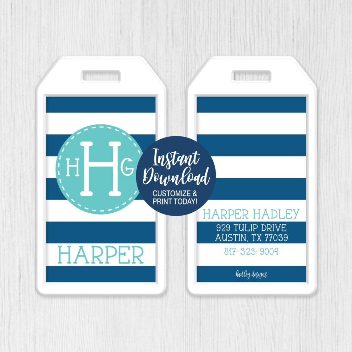 Navy Luggage Tag Template Blue Stripes Suitcase Tags Insert - Etsy