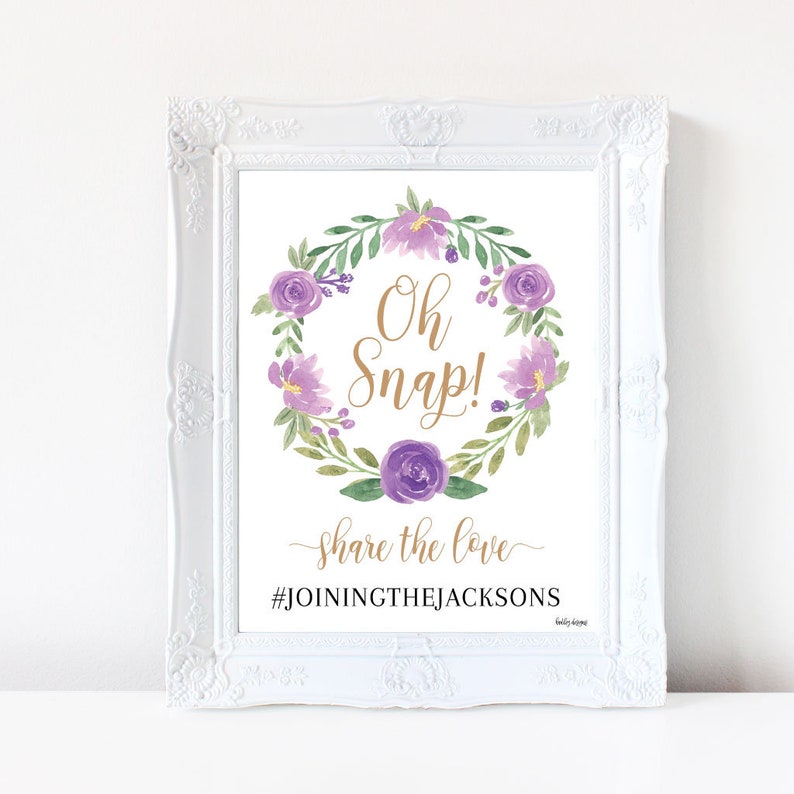 Elegant Purple Floral Wedding Hashtag Sign Template - Etsy