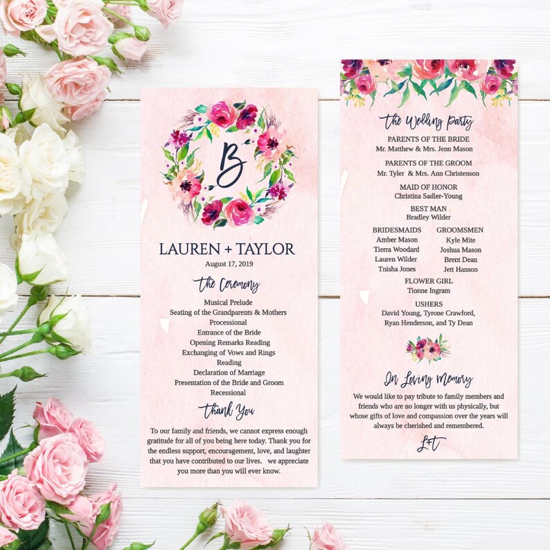 Pink Watercolor Floral Printable Wedding Ceremony Program | Etsy