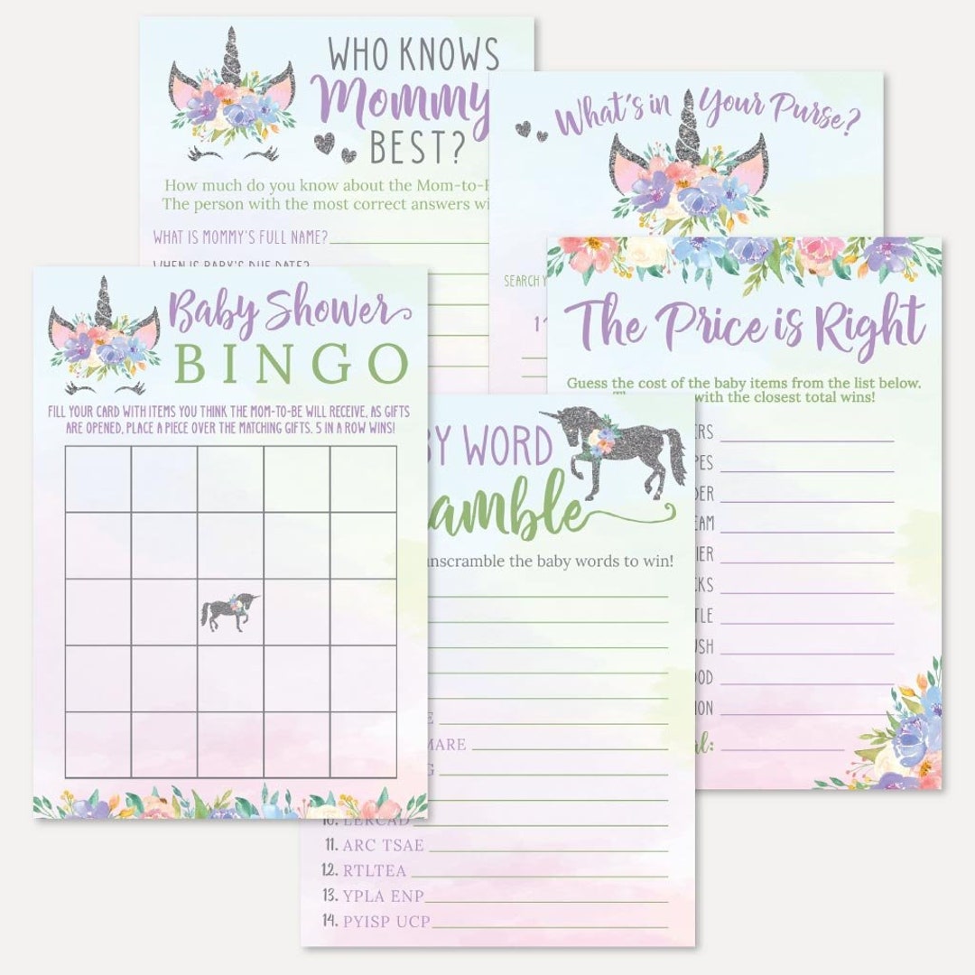 Silver Glitter Unicorn Baby Shower Game Set Templates - Bingo, Word ...