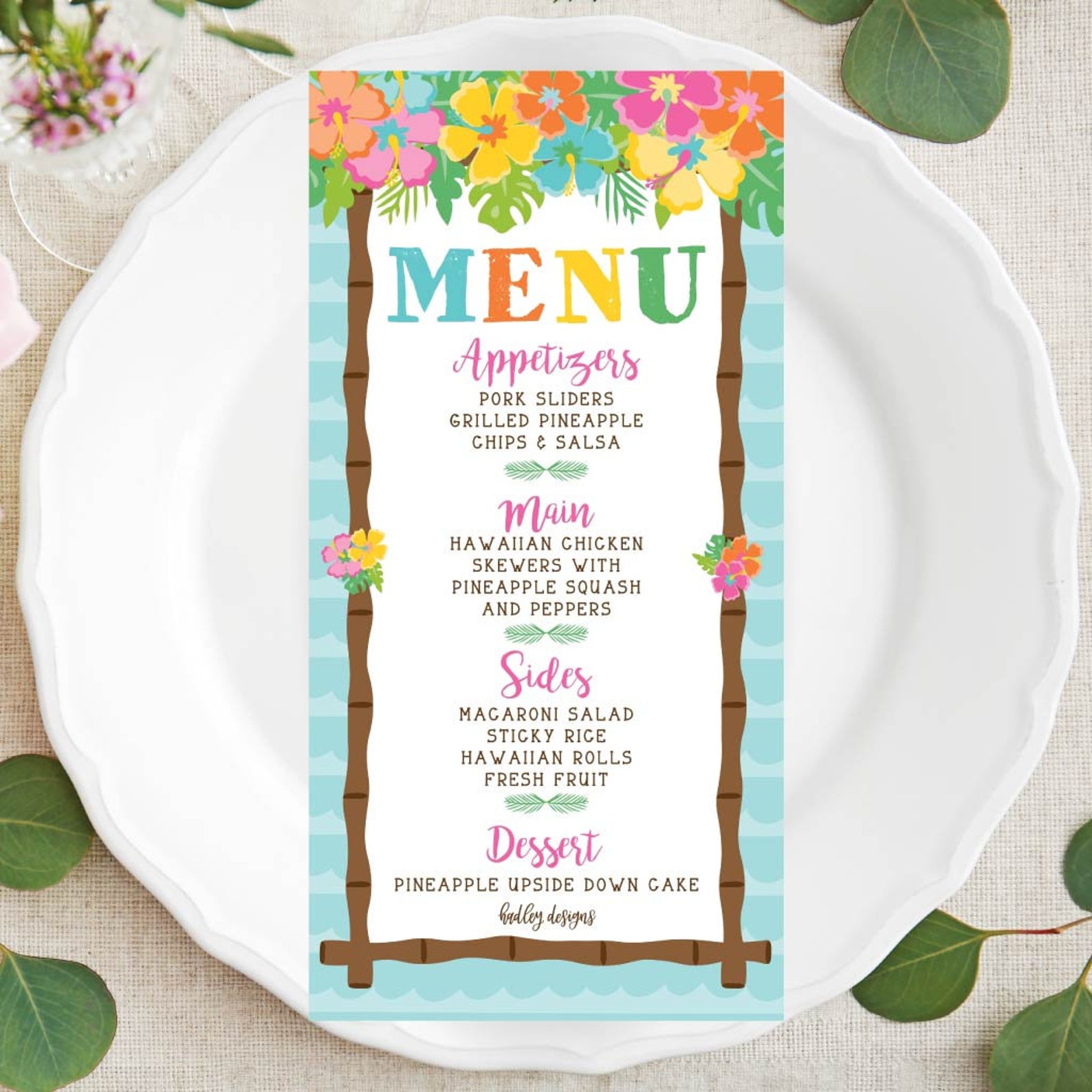 Luau Party Menu Card Template Floral Menu Card Luau Menu | Etsy