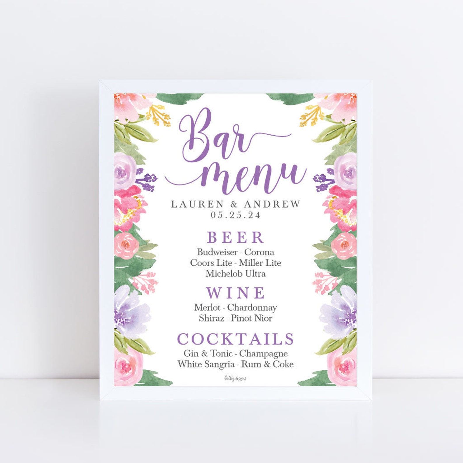 Spring Floral Wedding Bar Menu Sign Template Printable | Etsy