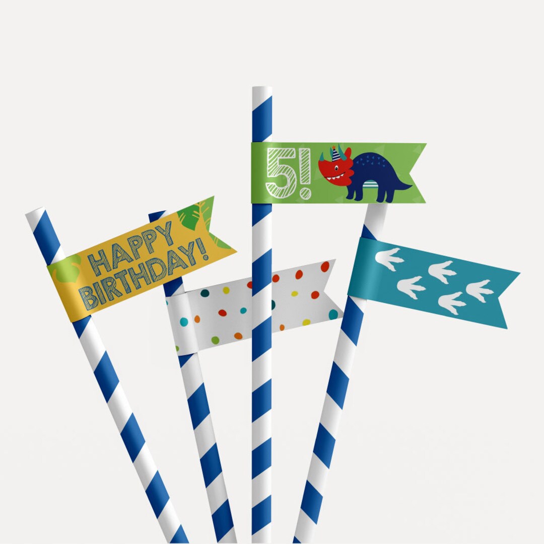 Dinosaur Kids Party Straw Flags Template - Printable Straw Flag ...