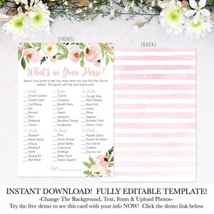 Pink Watercolor Floral Wreath What's in Your Purse Baby Shower Game ...