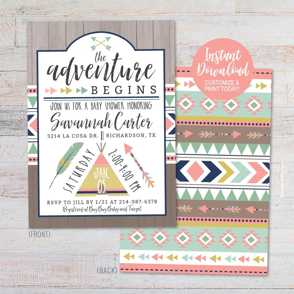 Aztec Adventure Girl Printable Baby Shower Invitation Baby | Etsy