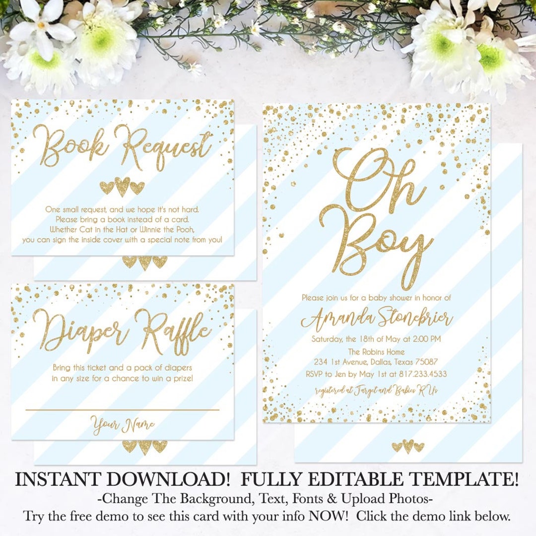 Blue Vertical Stripes Baby Shower Invitation Printable, Diaper Raffle ...