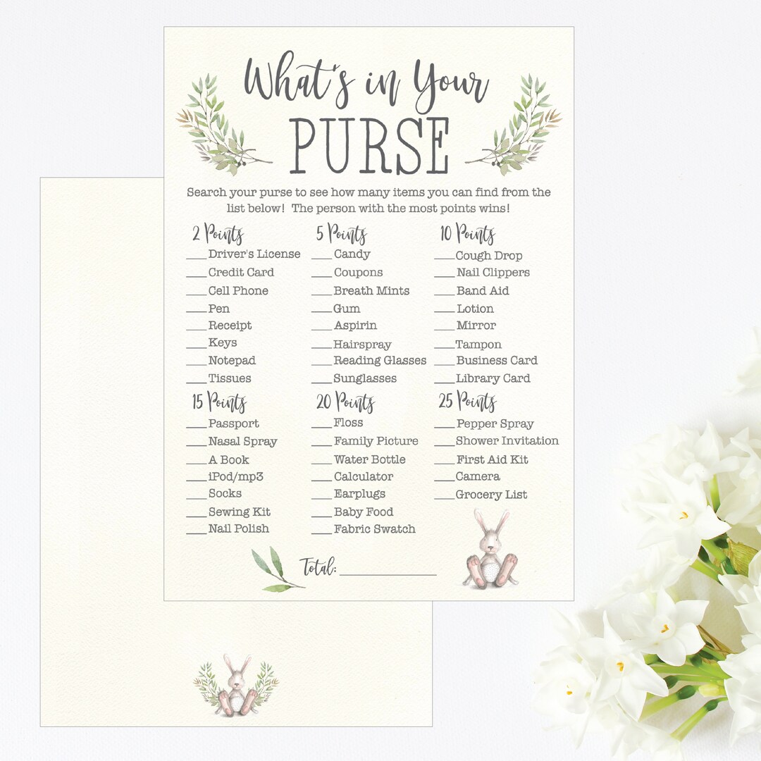 Greenery and Bunny What's in Your Purse Baby Shower Game, Whats in Your ...