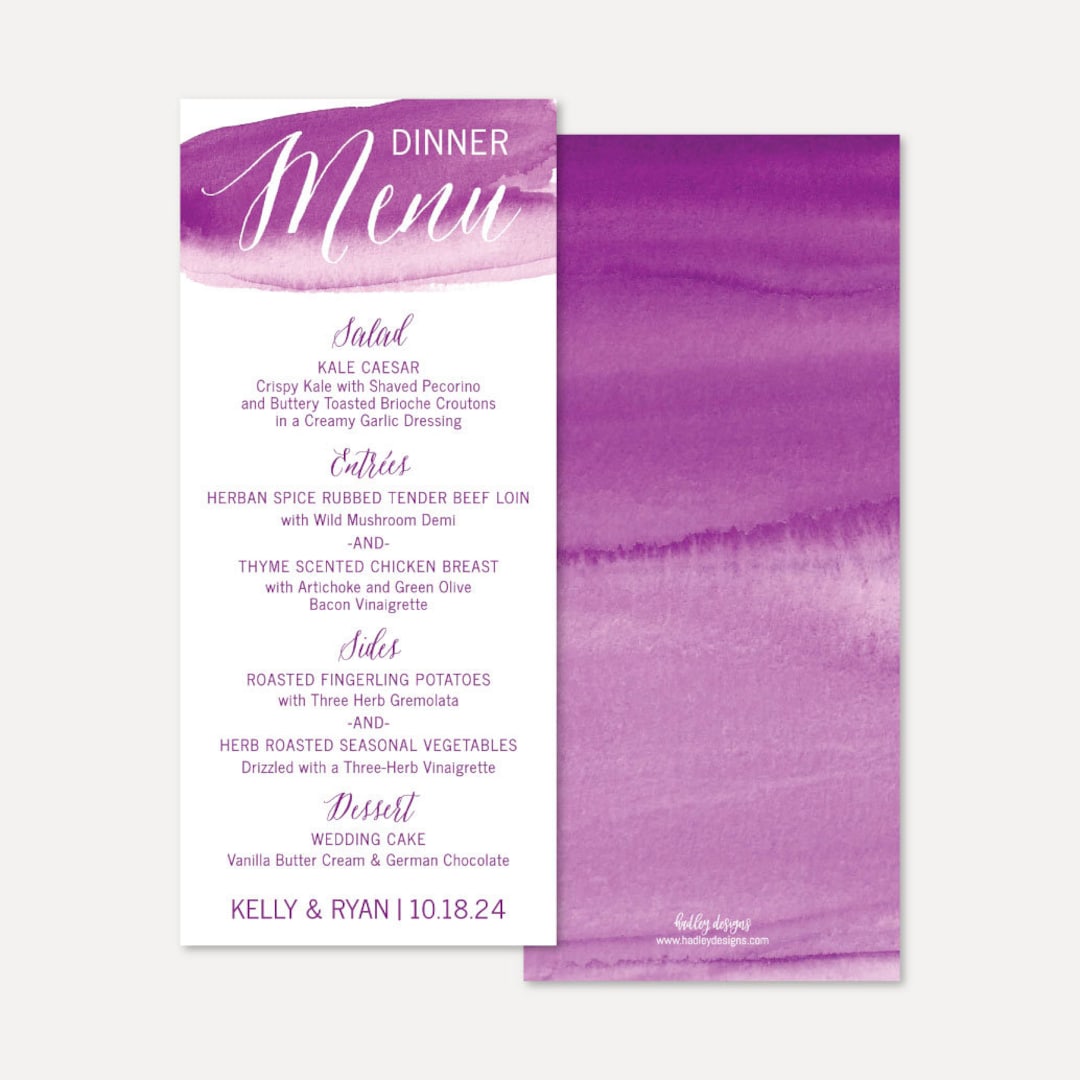 Purple Watercolor Wedding Menu Template - Party Menu Template, 4x9 ...