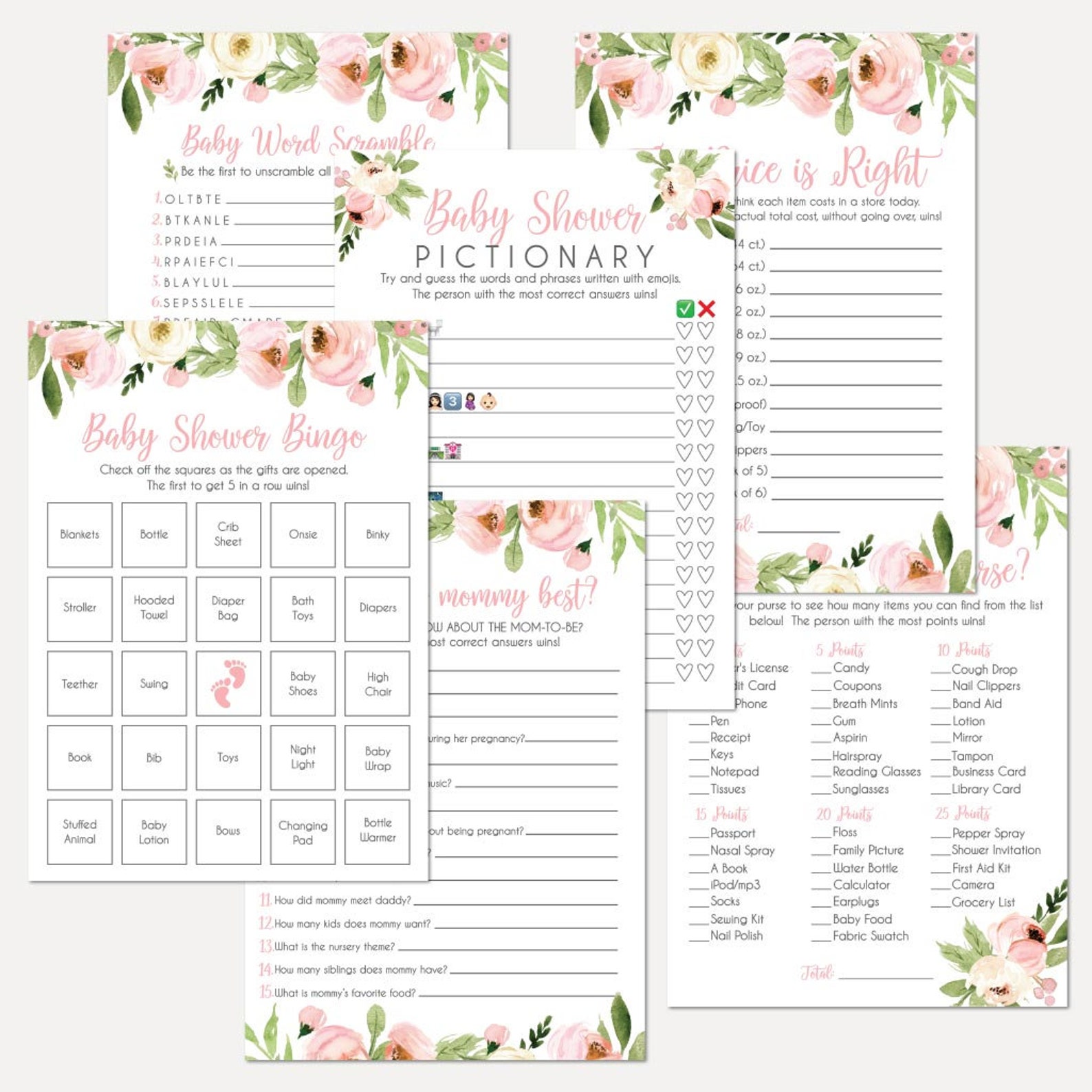 Pink Watercolor Floral Wreath Baby Shower Game Suite Baby | Etsy