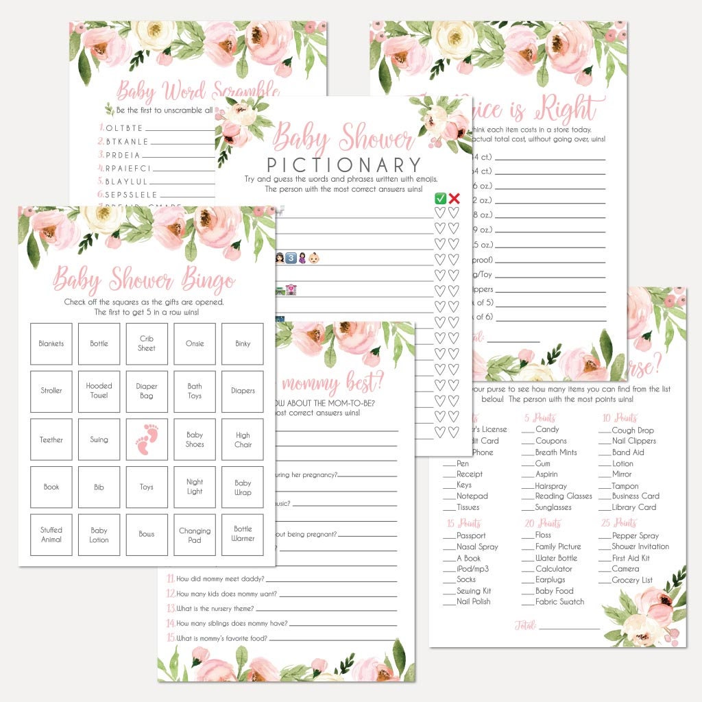 Pink Watercolor Floral Wreath Baby Shower Game Suite, Baby Shower Game ...