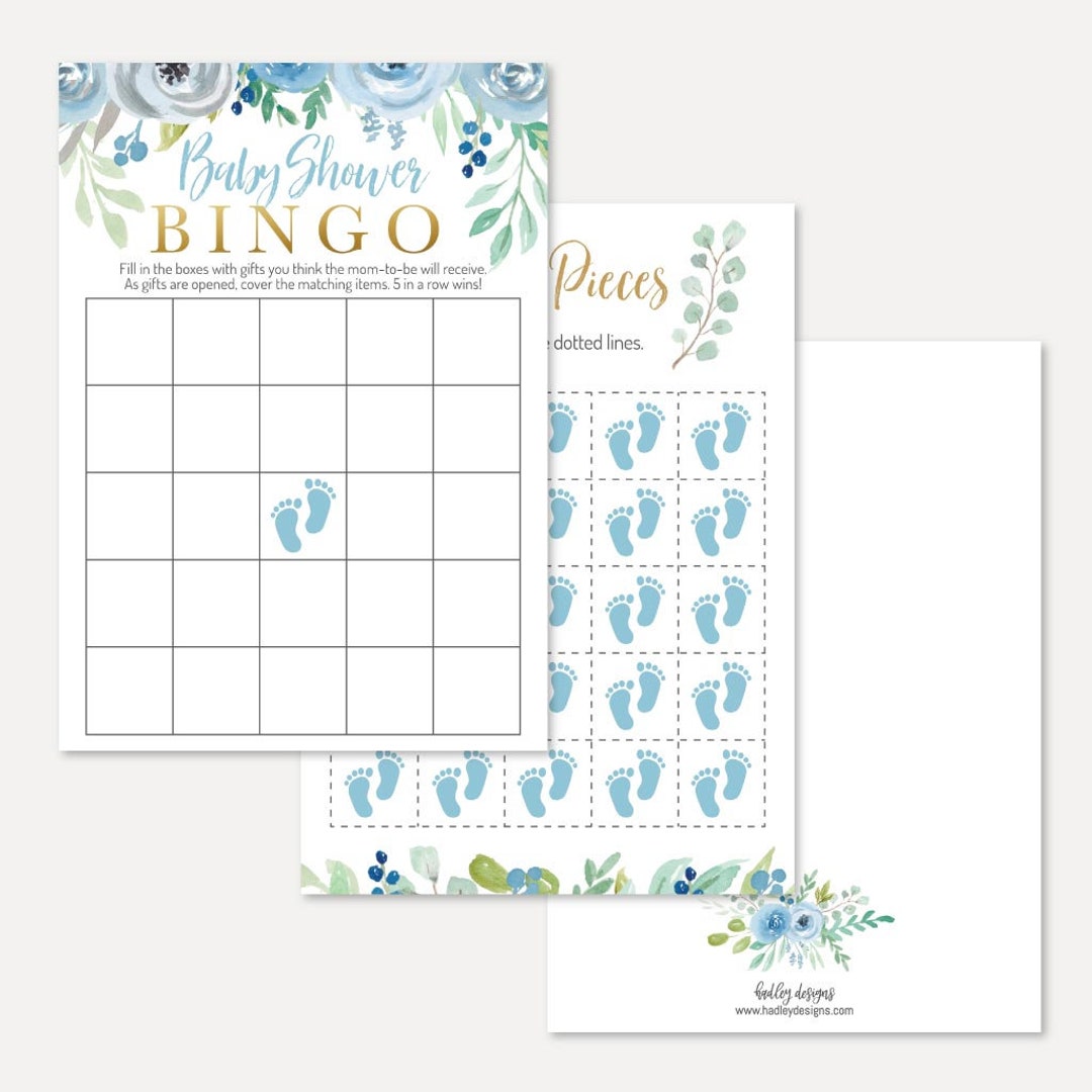 Blue Teal Floral Baby Shower Bingo Game Template - Bingo Baby Shower ...