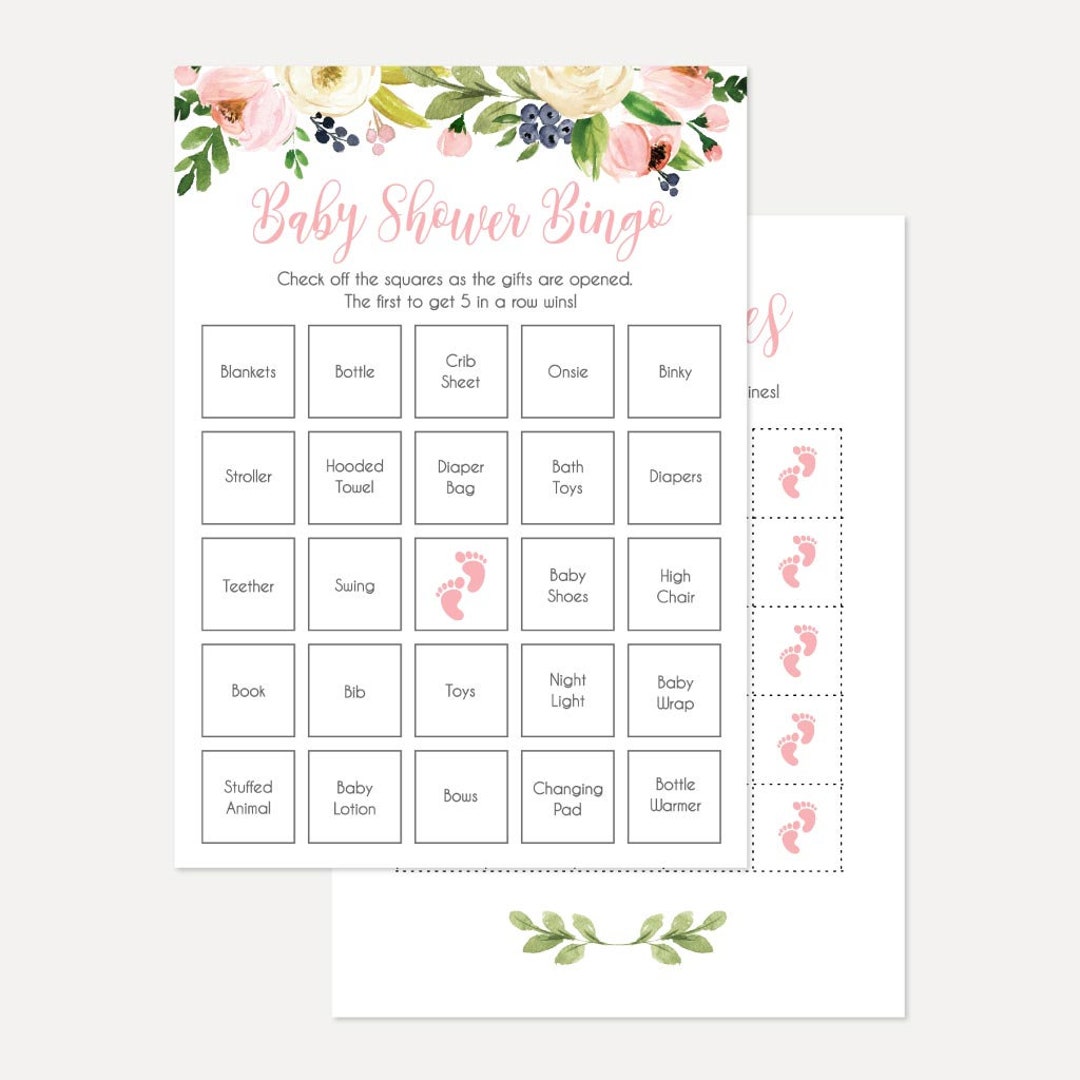 Pink Cream and Blue Girl Floral Baby Shower Bingo Printable, Bingo Baby ...
