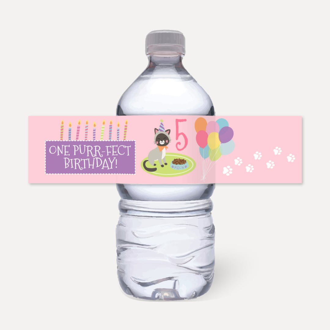 Cat Kids Party Bottle Label Template - Water Bottle Wraps, Party ...