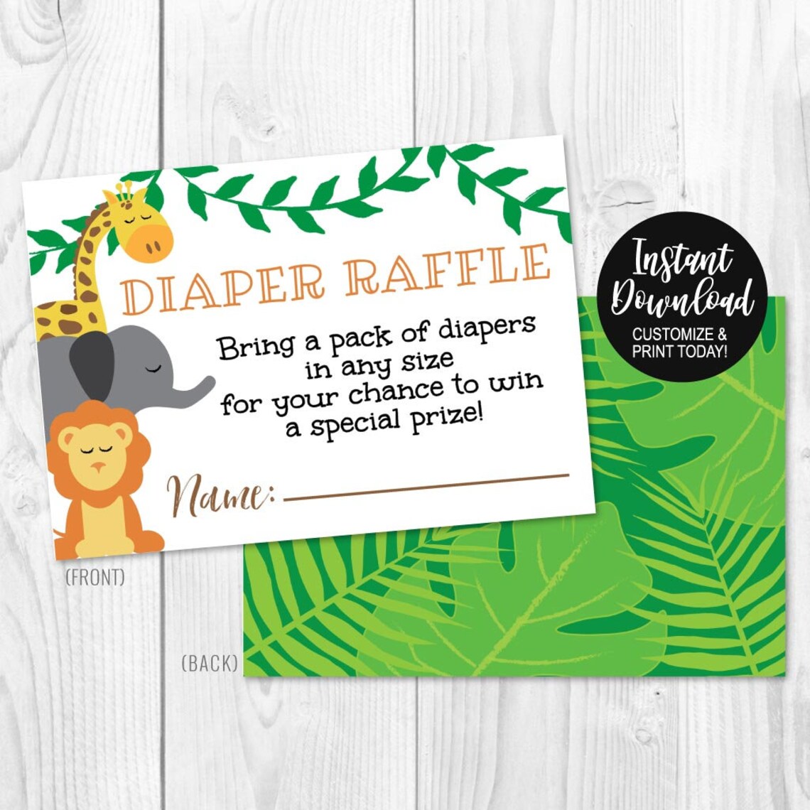 Jungle Animal Green Diaper Raffle Ticket Printable Diaper | Etsy