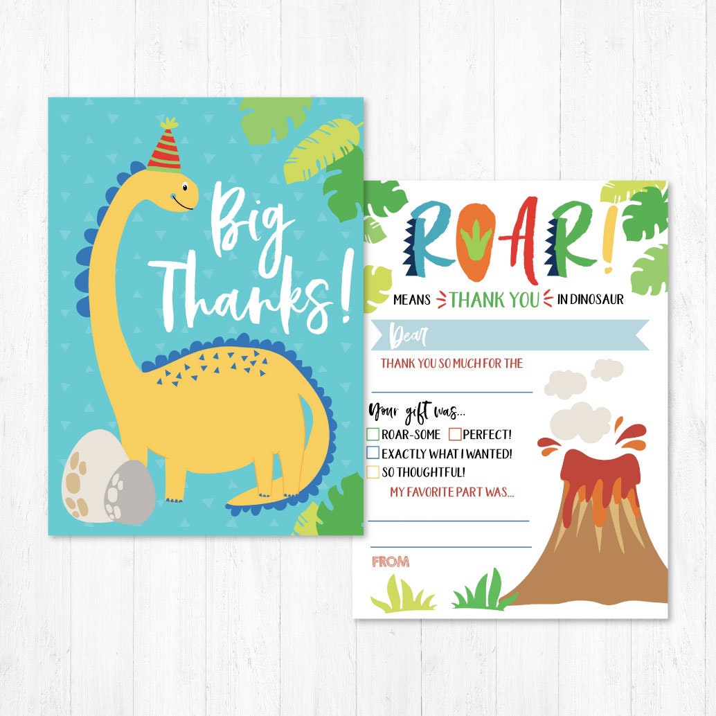 Dinosaur Kids Party Fill in the Blank Thank You Card Template | Etsy